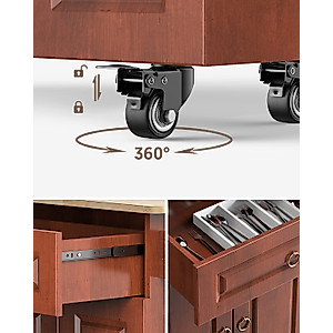 Qsun Kitchen Island with Drop Leaf Countertop, Wood Kitchen Island Cart on Lockable Wheels with Two Large Drawers and Two Large Storage Cabinet with Double Doors, Brown