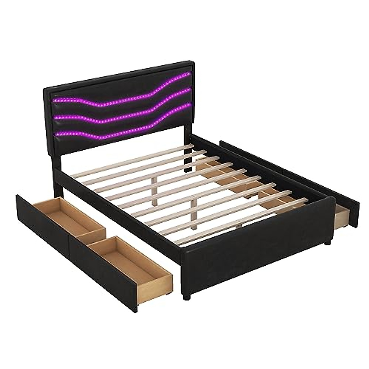Queen Size Upholstered Storage Platform Bed with LED, 4 Drawers and USB Charging, Modern LED Bed Frame with Sturdy Wooden Slat Support for Kids Teens, Space Saving Design & Easy Assemble (Black)