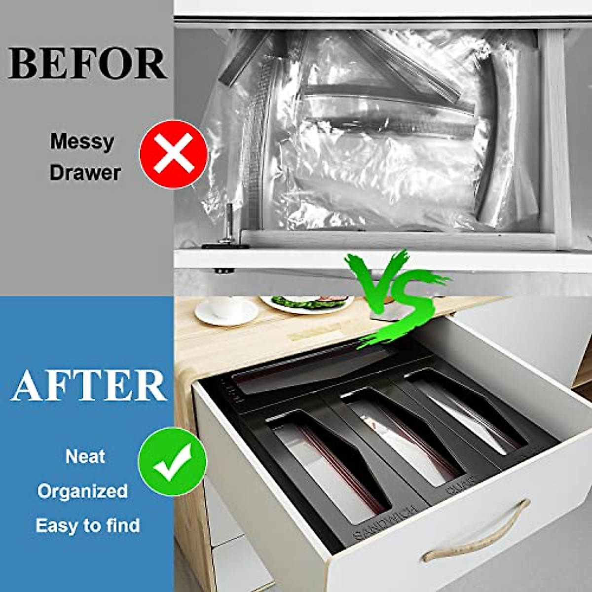 MFTEK Ziplock Bag Organizer for Kitchen Drawer, Plastic Bag Holder Baggie Storage Organizer, Compatible with Gallon, Quart, Sandwich and Snack Variety Size Bag