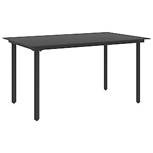 vidaXL Modern Patio Dining Table in Black - Outdoor Furniture with Powder-Coated Steel Frame and Glass Top - 59.1"x31.5"x29.1"