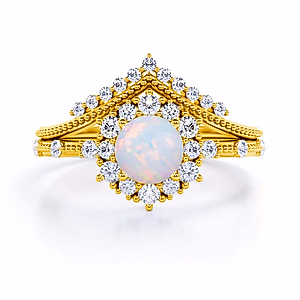 Opal Engagement Ring for Women Bridal Sets 1.35ct Opal and Moissanite Engagement Ring Set 10K White/Rose Gold Wedding Ring Set Opal Birthstone Anniversary Ring Free Engraved