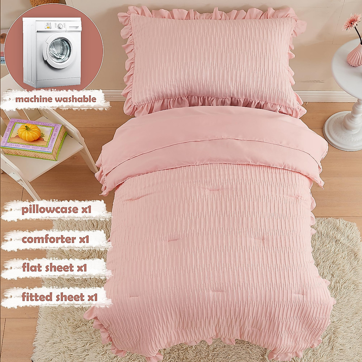 Cozyholy 4 Piece Textured Seersucker Toddler Bedding Set Girls Crib Sheets Set Pink Ruffle Baby Bed Comforter Set Lightweight Bed in a Bag | Include Comforter, Flat Sheet, Fitted Sheet, Pillowcase