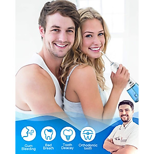 Cordless Water Flosser Teeth Cleaner, Nicefeel 300ML 2 Tip Cases Portable and USB Rechargeable Oral Irrigator for Travel, IPX7 Waterproof, 3-Mode Water Flossing with 4 Jet Tips for Home Blue