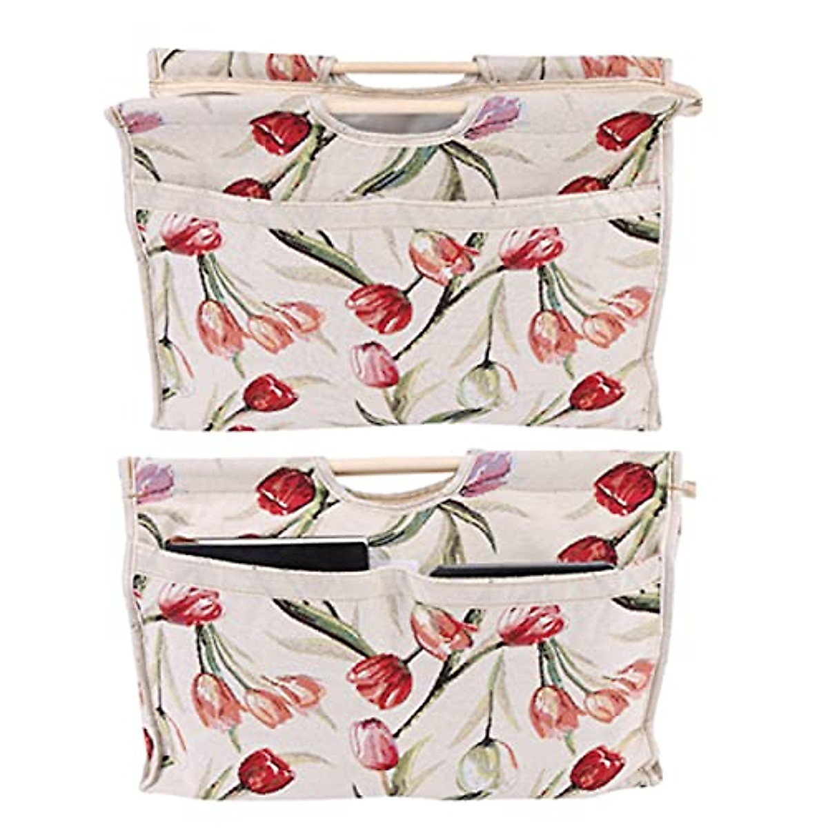 Wood Handles Knitting Bag Travel Yarn Organizer Crochet Bag for Knitting Needles Sewing Tools 16.5x11.8x4.3in(Red Flower)