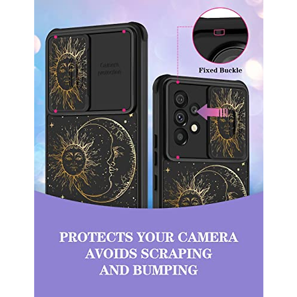 Goocrux for Samsung Galaxy A53 5G Case Sun and Moon Stars for Girls Women Cute Space Girly Phone Cover Fashion Gold Print Unique Design with Slide Camera Cover Aesthetic Cases for Galaxy A53 6.5''