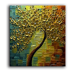 YaSheng Art - 3D Oil Paintings On Canvas Golden Flowers Tree Paintings Abstract Artwork Wall Art For living Room,Dinning Room Home Decor Framed Stretched Ready to Hang 24x24inch