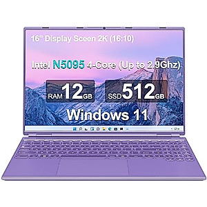 Ruzava/Aocwei 16" Laptop 12+512GB Celeron Intel N5095 (Up to 2.9Ghz) 4-Core Win 11 PC with Cooling Fan 1920 * 1200 2K Screen Dual WiFi Support 2.5" HDD 1TB SSD Expand for Game Work Study-Purple