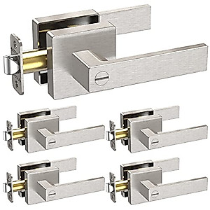 TICONN 5Pk Door Handle Heavy Duty, Reversible Square Door Lever for Bedroom, Bathroom and Rooms (Satin Nickel, Privacy, 5 Pack)