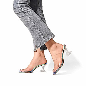 oripalla ORIPLALLA Green Clear Heels Sandals for Women Shoes Sexy Square Toe Block Heels Dress Shoes Non Slip Holographic-7.5