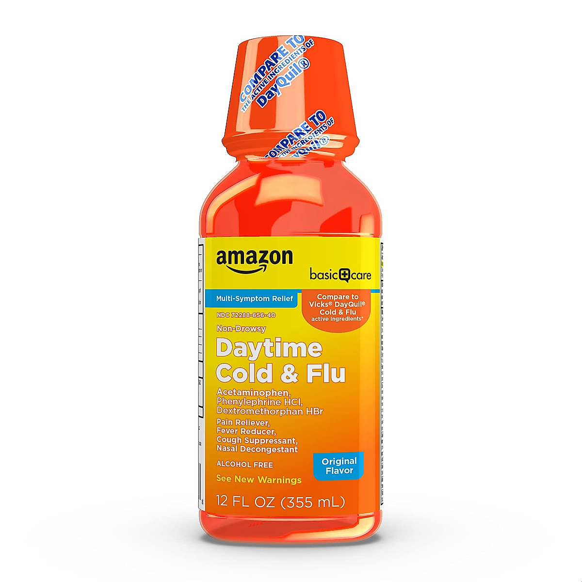 Amazon Basic Care Daytime Cold and Flu Relief, Non-Drowsy, Liquid Medicine, Original Flavor, 12 fl oz (Pack of 1)