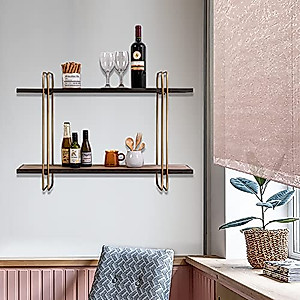 Oakrain Floating Shelves Wood, 32" Industrial Wall Shelves with Metal Frame for Bedroom, Living Room, Bathroom, Kitchen, Bar, Gold