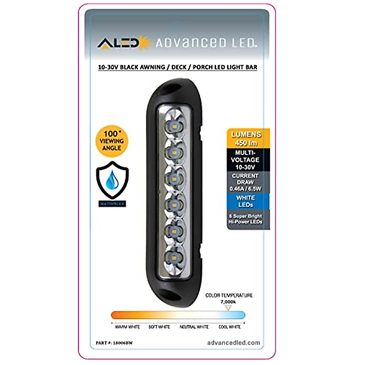 Advanced LED New 10-30V 8 Inch Waterproof Awning/Porch/Deck Light Bar for RVs, Boats, Campers, Caravans, Trailers, in Die Cast Aluminum Housing w/PC Lens, Engineered Reflector, & Super Hi-Power LEDs