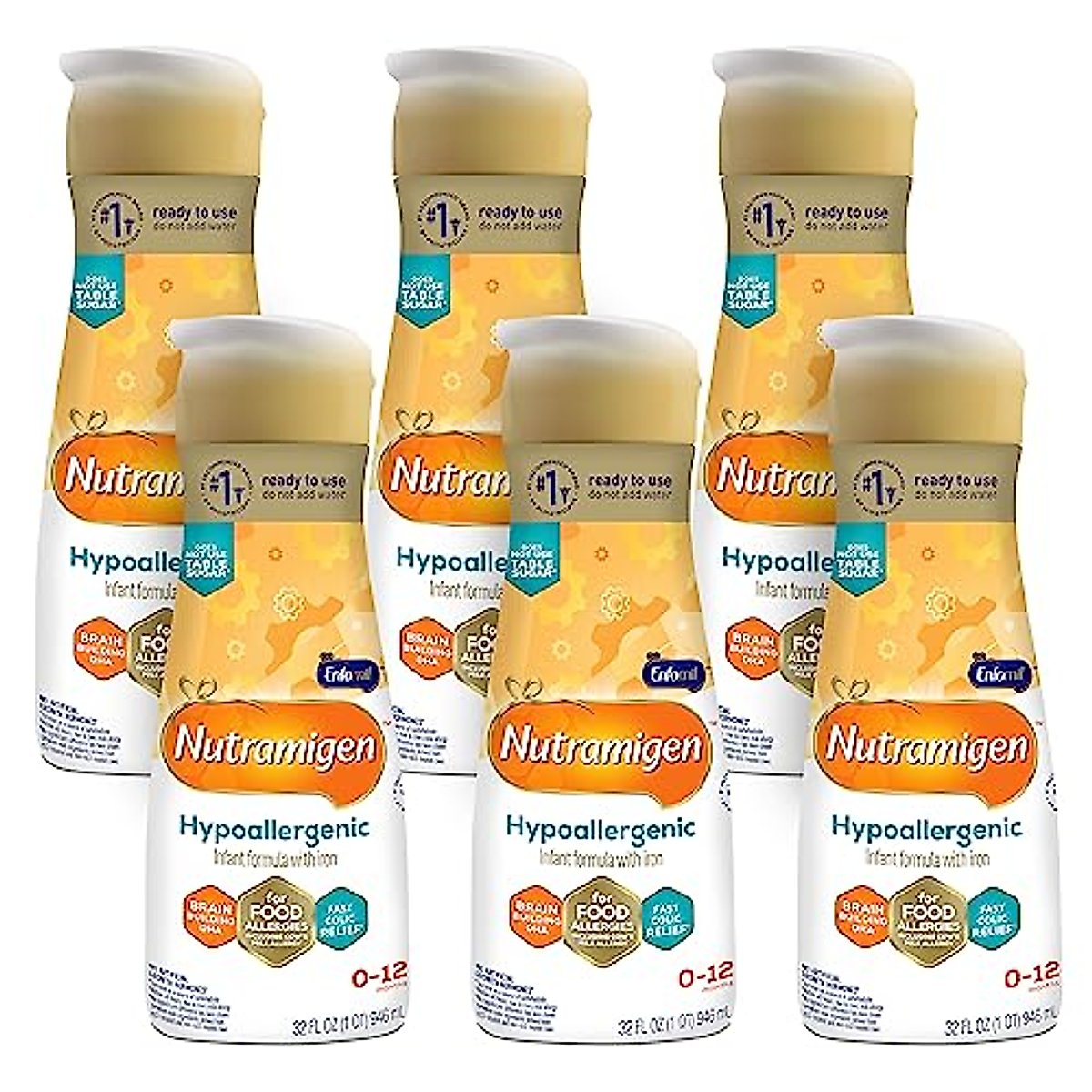 Enfamil Nutramigen Liquid Infant Formula, Hypoallergenic and Lactose Free Formula, Fast Relief from Severe Crying and Colic, DHA for Brain Support, Ready to Use Bottle, 32 Fl Oz, Pack of 6