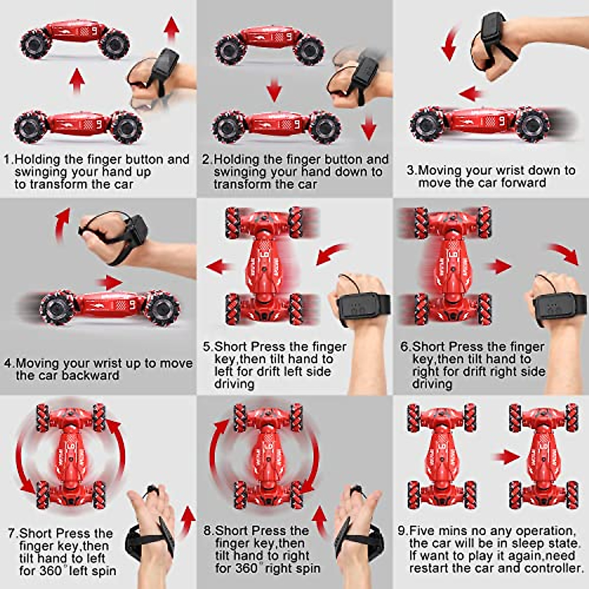 LOOZIX Upgraded Hand Gesture Sensing RC Stunt Car with Lights Music, Spray Fog Steam Gesture RC Car Remote Controll Transformed Vehicle 360° Spins All Terrains Monster Truck for Boys Kids