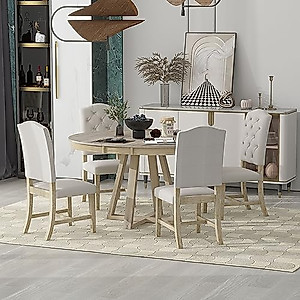 5 PCS Extendable Upholstered Dining Sets Include Round Table and 4 Chairs for Dining Room and Living Room ,More Functional Design with 16"W Butterfly Leaf Convertible to Oval Tabletop, Natural+Grey