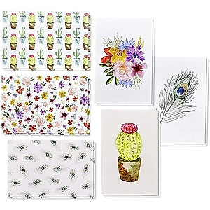 48-Pack All Occasions Cards with Envelopes, 6 Watercolor Floral Peacock Feather Designs, Blank Insides for Anytime, Birthdays, Wedding, 4x6