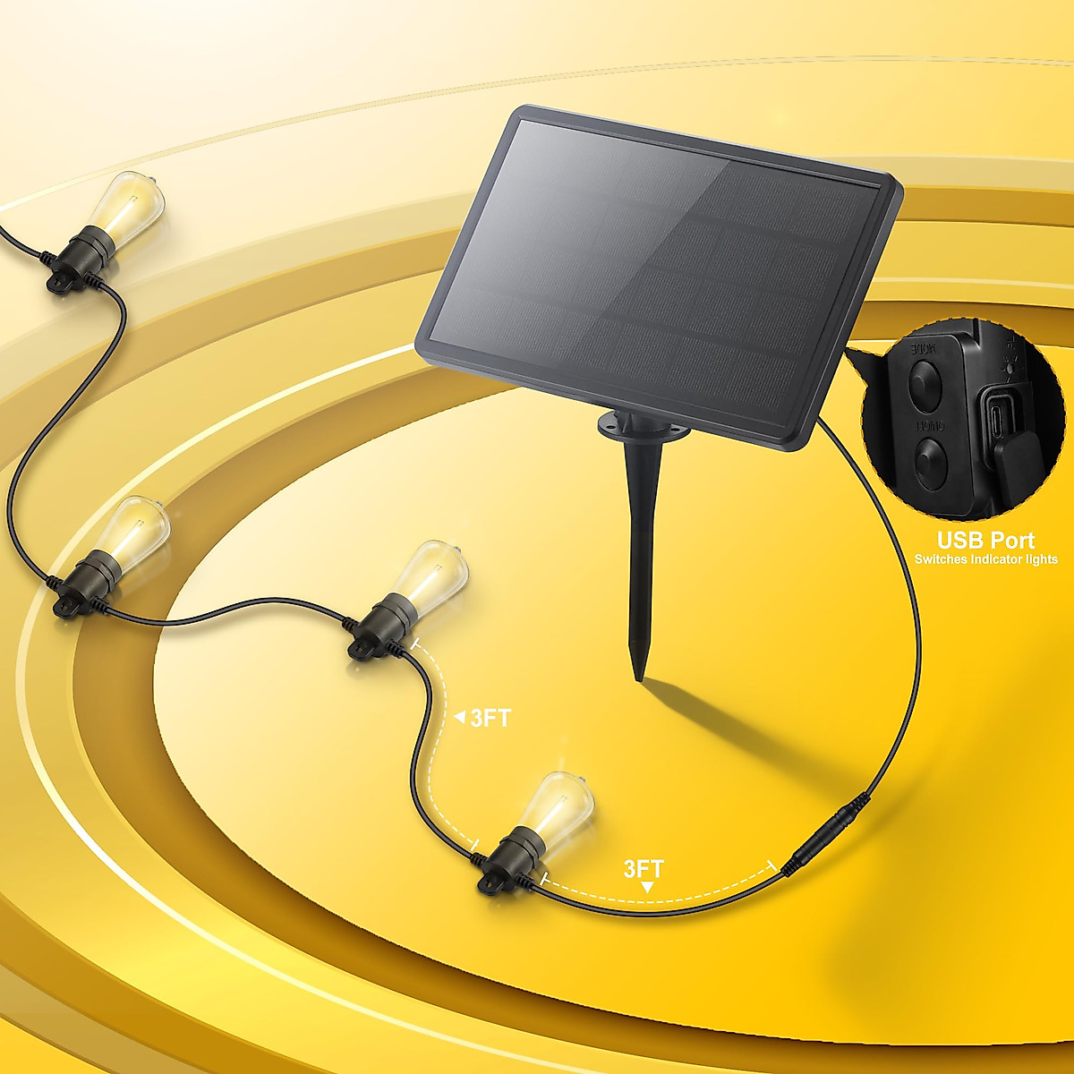 LONIUTO Outdoor Solar String Lights, 50 FT Solar Powered LED String Outdoor Lights Waterproof & Shatterproof, Patio Solar Hanging Lights with 15 Bulbs, Decorative Lights for Outdoor Backyard