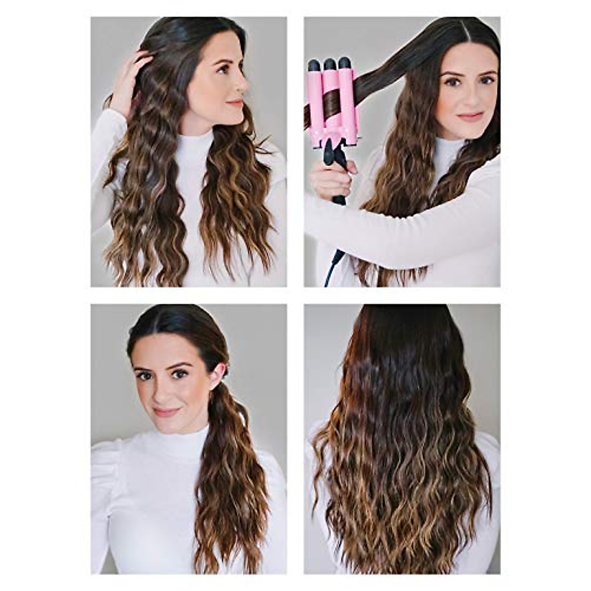 Alure Three Barrel Curling Iron Wand with LCD Temperature Display - 1 Inch Ceramic Tourmaline Triple Barrels, Dual Voltage Crimp (Pink)