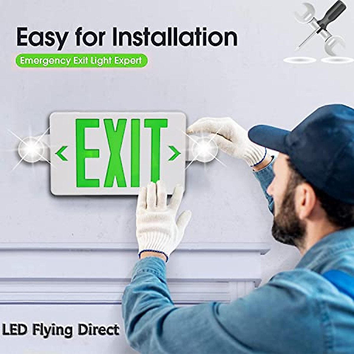 Green LED Exit Sign Emergency Light Combination Adjustable Two Heads and Battery Backup, US Standard Commercial Emergency Exit Lighting, Fire Resistant UL 924 AC 120/277V (8-Pack)