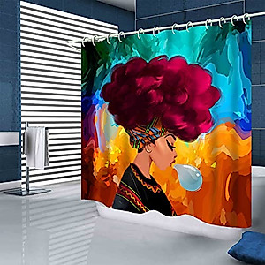 Classic African American Shower Curtains for Bathroom, 4PCS Bathroom Sets Include 1 Fabric Shower Curtain, 2 Non-Slip Bathroom Rugs and 1 Toilet Lid Cover, Black Girl Bathroom Decor (Red)