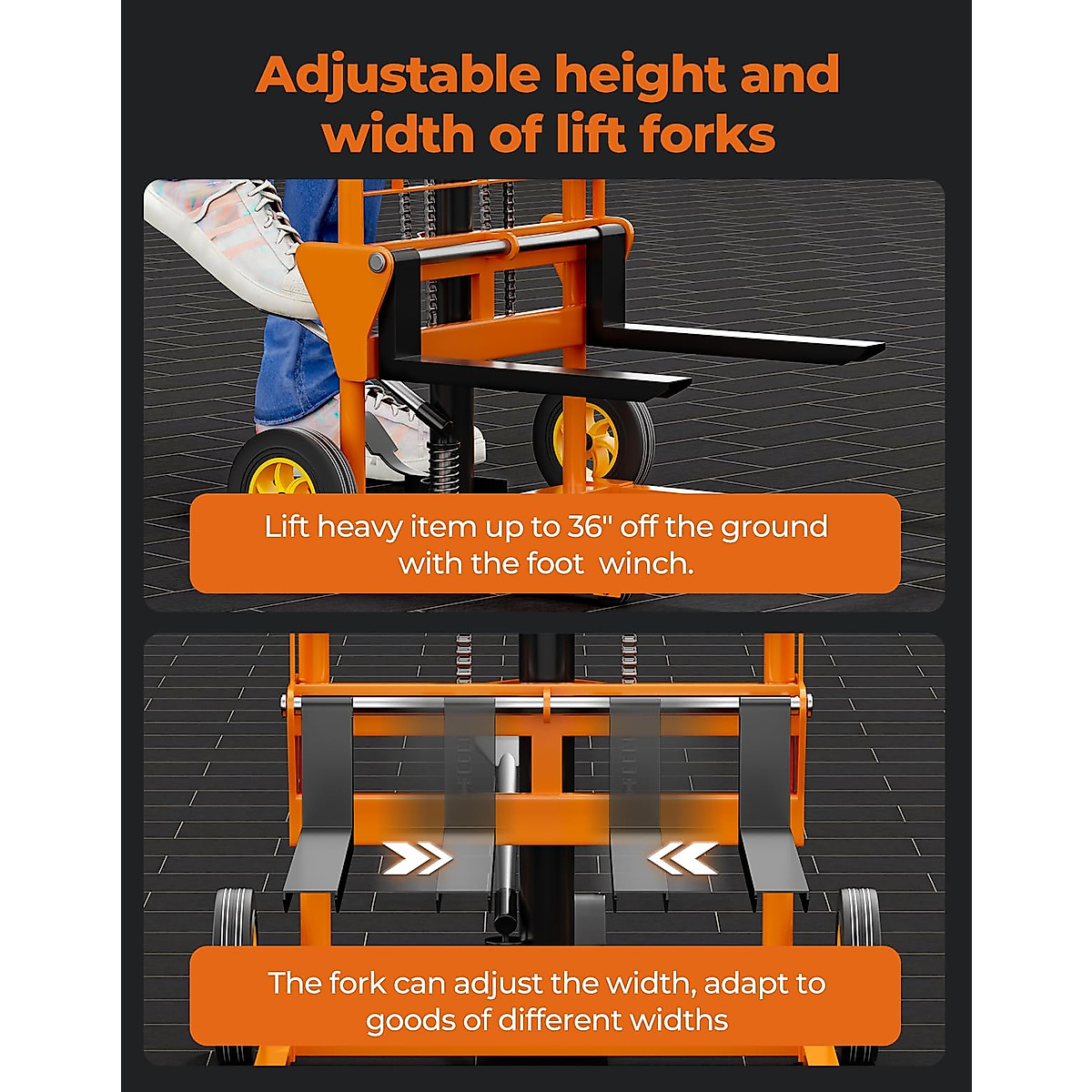 Arczorix Hydraulic Material Lift Winch Stacker 441 Lbs 36” Max Lift with 9" Thick Rubber Wheels Removable Flat Bed 18.5" Thick Fork Arm, Pallet Truck Dolly Lift Table Fork Lift