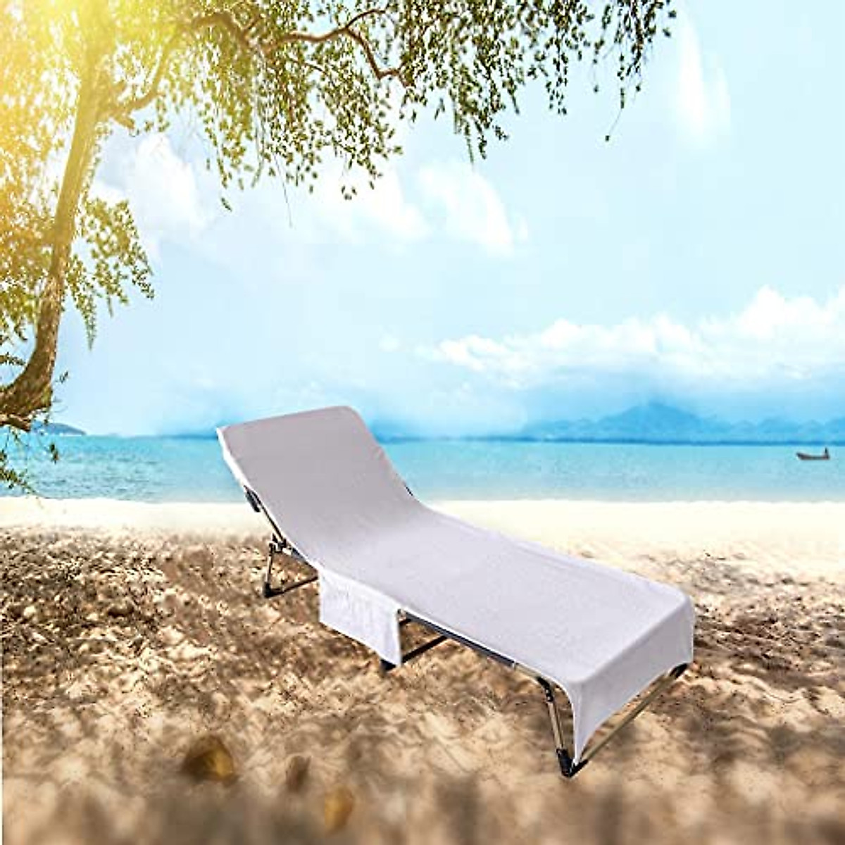 Baoblaze Portable Lounge Towel Cover with Side Storage s No Sliding Beach Cover for Pool and Garden Sunbathing Vacation, White