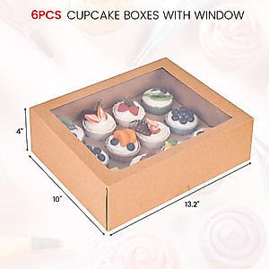 VGOODALL 6 Sets Kraft Brown Cupcake Container, Bakery Carrier Boxes 12 Count Cupcake Carrier with Window Cupcake Transport Holders Cupcake Boxes for Muffins Pastry Cookies Treats Dessert 13.2"x10"x4"