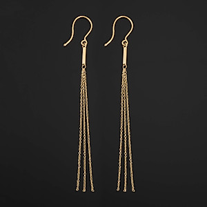 10k Yellow Gold Bar Tube Tassel Chain Dangle Hook Earrings (2.8 inches long)