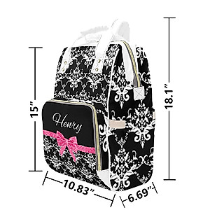 Black White Damask Pink Glitter Bow Diaper Bag Backpack with Name for Men Women Custom Personalized Nursing Baby Bags Shoulders Travel Bag Daypack