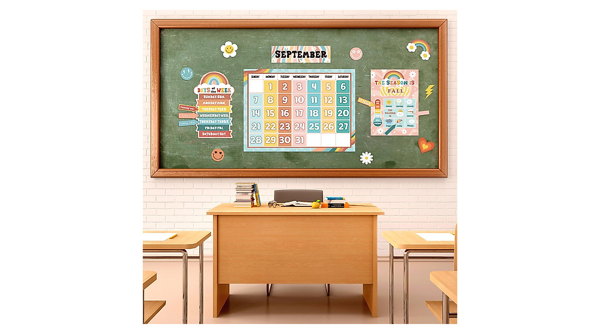 62Pcs Retro Classroom Decor: Bulletin Board Calendar & Charts