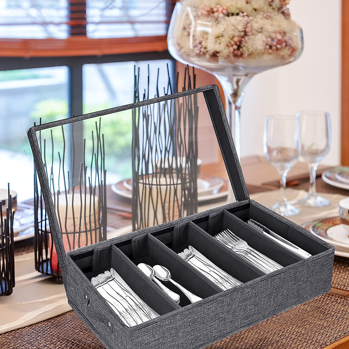 VERONLY Flatware Storage case with Adjustable Dividers, Utensil Silverware Organizer Box chest, Cutlery Storage Holder with Pvc Lid and Handles, Dinnerware Storage Containers for Organizing Cutlery, F