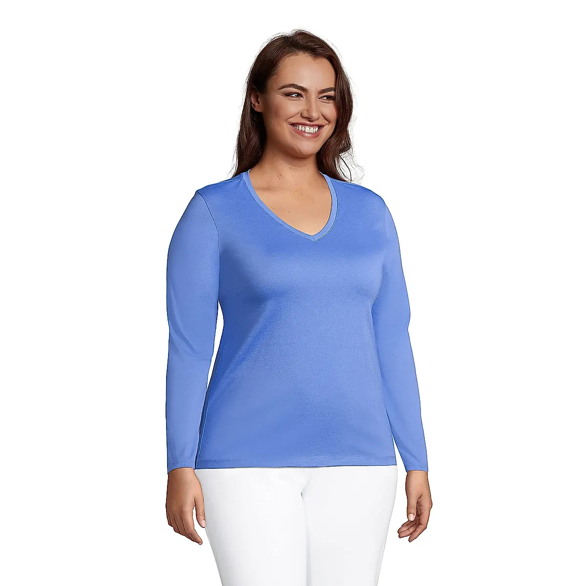Lands' End Women s LS Relaxed Supima V Neck T Shirt Chicory Blue Plus 2X
