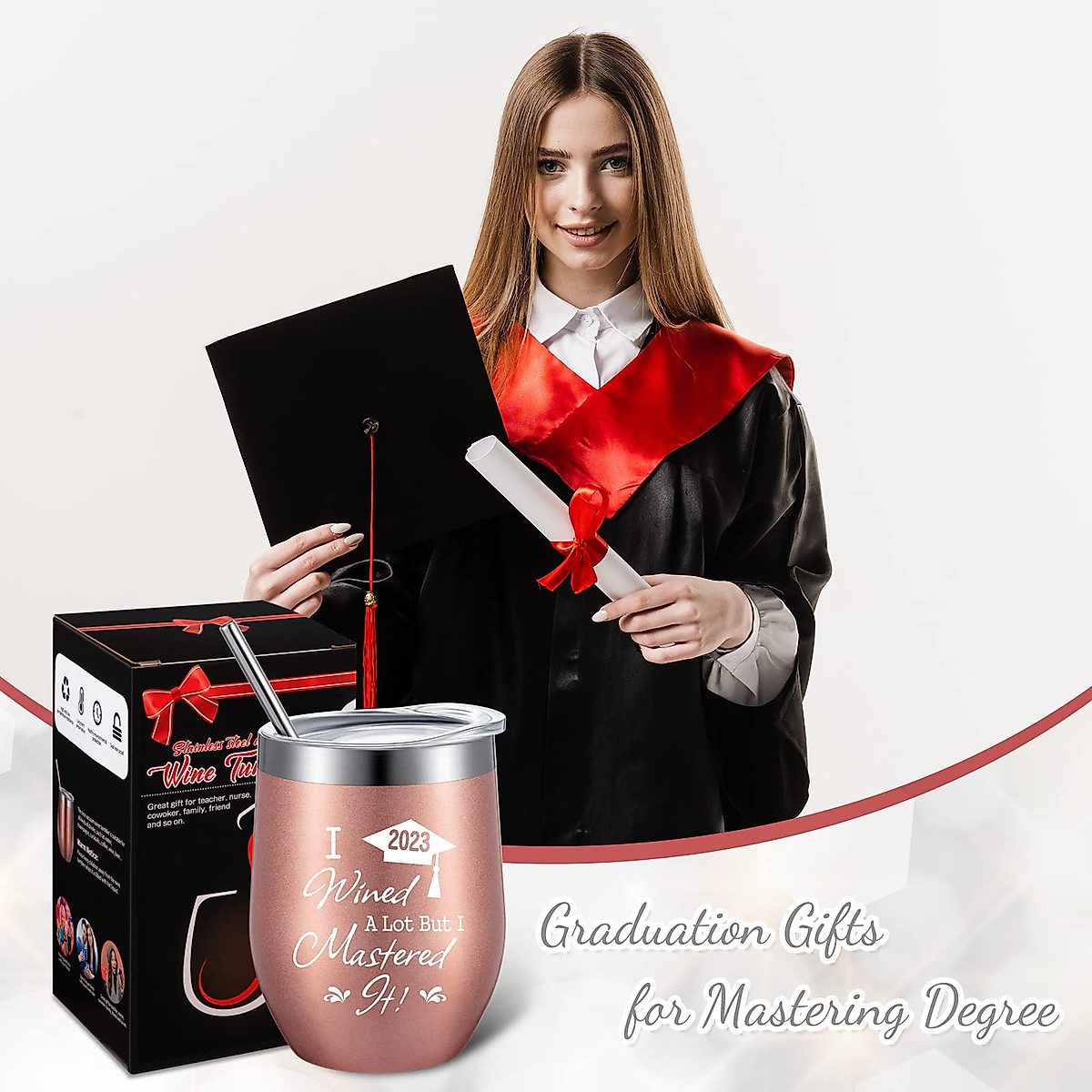 Graduation Gifts for Mastering Degree 12 oz Graduation Tumbler Stainless Steel Wine Tumbler with Lid Cleaning Brush and Gift Box Funny Gifts for University Graduate College Grad (2023 Text Style)