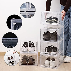 Fixwal Large Shoe Storage Box Set of 6 Stackable Drop Front Plastic Shoe Organizer Containers with Clear Door, Shoe Bins for Display Sneakers Fit Shoe Size Up to US Men 12