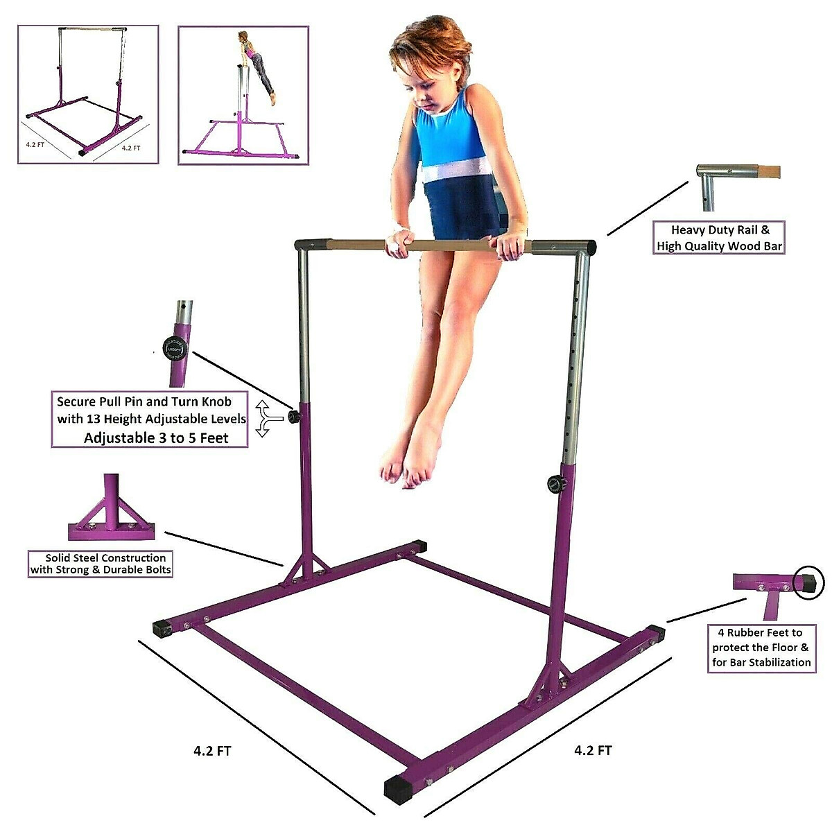 Athletic Bar Gymnastics Kip Bar Horizontal Bar Professional Junior Gymnastic Training High Bar Asymmetric Bar 13 Level Height Adjustable Expandable 3 to 5 FT Indoor Outdoor Use (Purple)
