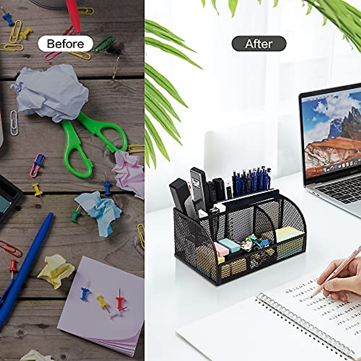 deli Mesh Desk Organizer Office Desktop Organizer with Pen Holder, Metal Stationary Organizer Desk Caddy, 7 Compartments, Black