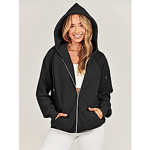 ANRABESS Women's Zip Up Hoodie Oversized Fall Sweatshirts Y2k Jacket Rib Knitted Casual Long Sleeve Shirts Comfy Clothes Black 931heise-XL