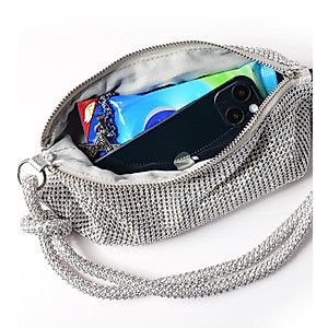 RichCoco Rhinestone Evening Purses for Women Hobo Bags Chic Sparkly Crystal Cluth Purse Bling Shiny Handbag for Party Club (Silver)