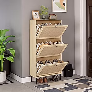 SSLine Farmhouse Shoe Cabinet with 3 Flip Down Storage Shelves Free-Standing Shoe Rack Rustic Wood Shoe Storage Organizer with Unique Rattan Decor for Entryway Hallway Doorway (D Type-Natural-3 Door)