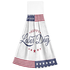 Happy Labor Day Kitchen Hanging Towel 12 x 17 Inch USA Stars Flag Bath Hand Tie Towels Set 2 Pcs Tea Bar Dish Cloths Dry Towel Soft Absorbent Thin Durable for Bathroom Laundry Room Decor
