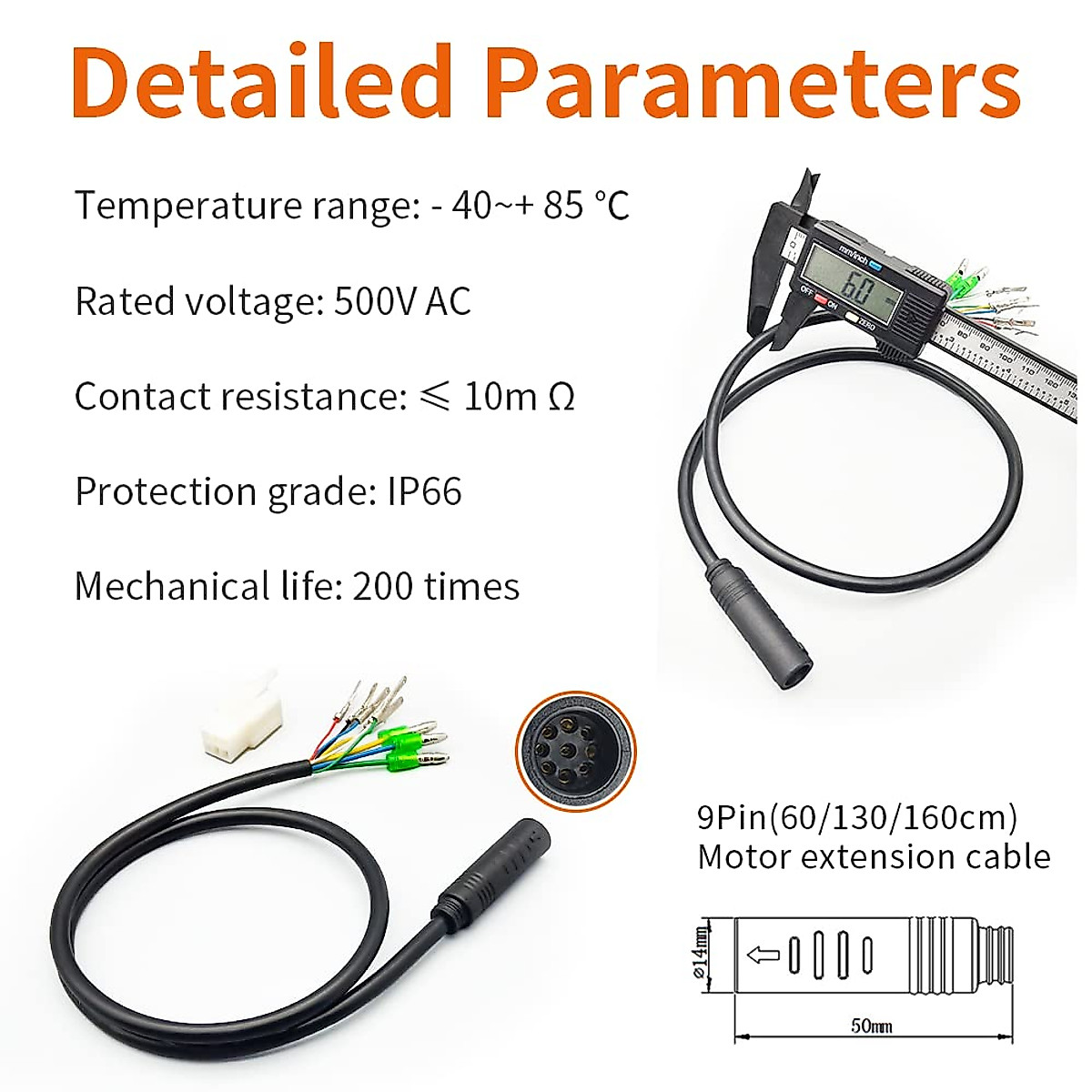 HUDAMZKY Hub Motor Convert Extension Cable 9 Pin Waterproof Connector 36V 48V 52V 250W-1200W Ebike Motor Conversion Line 60cm 130cm 160cm Electric Bike Accessories (160cm Female)