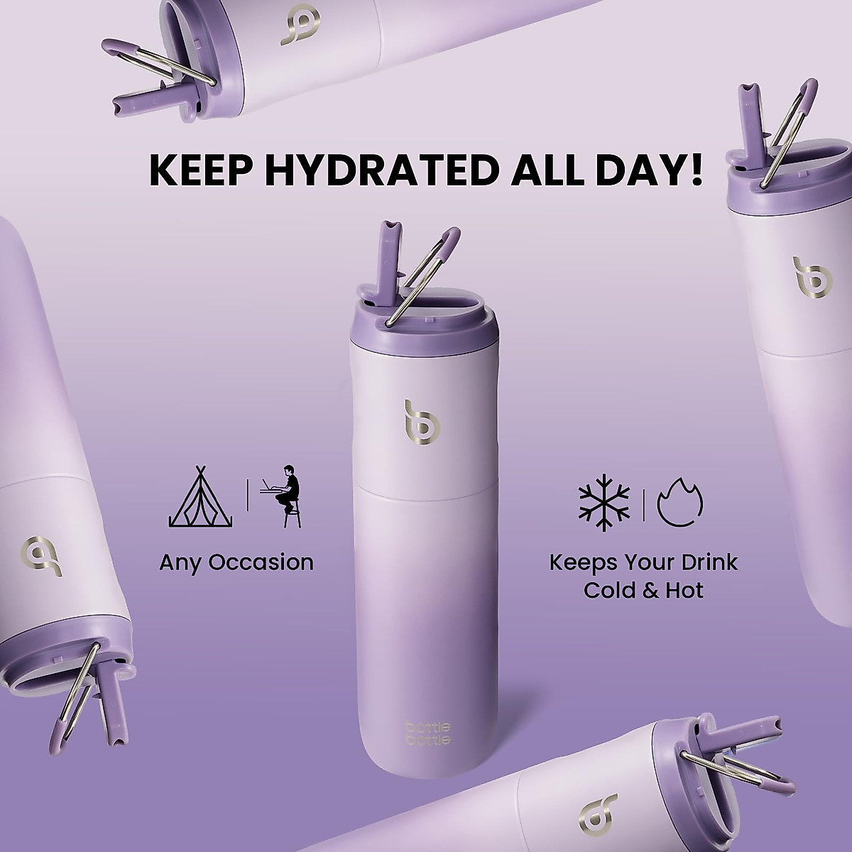 BOTTLE BOTTLE Insulated Water Bottle 24oz with Straw Lid and Handle for Sports Travel Gym Stainless Steel Water Bottles Double-Wall Vacuum Metal Thermos Bottles Leak Proof BPA-Free (purple gradient)