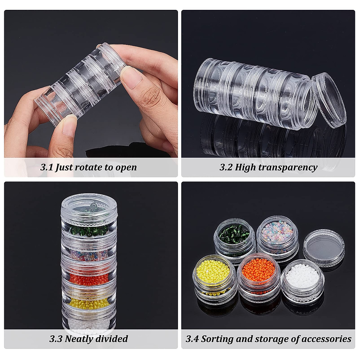 BENECREAT 5G/5ML Stackable Round Plastic Containers 8 Column(5 Layer/Column) Bead Storage Jars for Seed Beads, Diamond Drills and Other Jewelry Components