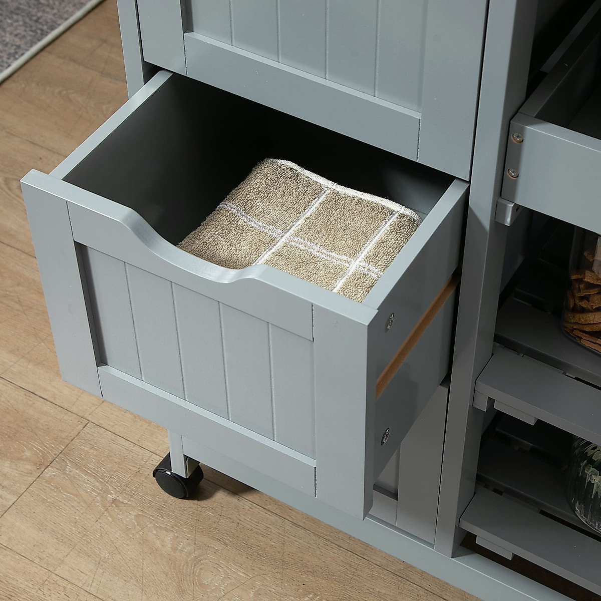 HOMCOM Rolling Kitchen Island Cart, Bar Serving Cart, Compact Trolley on Wheels with Wood Top, Shelves & Drawers for Home Dining Area, Grey