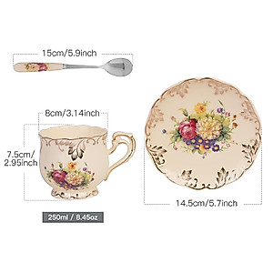 YOLIFE Tea Cup and Saucer Set, 8 oz Tea Cup Set, Teacup, Ceramic Tea Cup with Saucer Spoon, Vintage Ivory Flowering Shrubs with Gold Leaves Trim, Gifts for Women