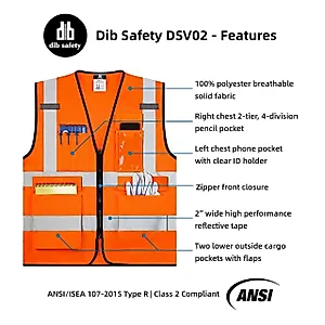 Dib Safety Vest Reflective ANSI Class 2, High Visibility Vest with Pockets and Zipper, Construction Work Vest Hi Vis Orange L