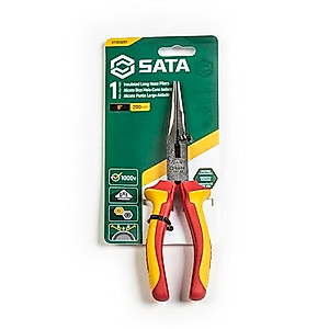 SATA 8-Inch VDE Insulated Long Needle-Nose Side Cutting Pliers with Chrome Vanadium Steel Body and Dual Material Anti-Slip Handles - ST70132ST