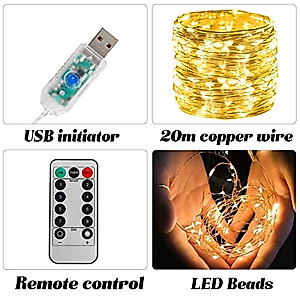 HAOBAOBEI USB Christmas Lights Plug in, 66ft 200 Led Silver Copper Wire Fairy String lights with Remote, Warm White Firefly Twinkle Lights for Bedroom Party Centerpiece Patio Christmas Tree Decoration