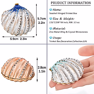 YU FENG Seashell Figurine Trinket Box Hinged Crystals Jeweled Painted Enameled Collectible Ocean Jewelry Box(Dark Blue)