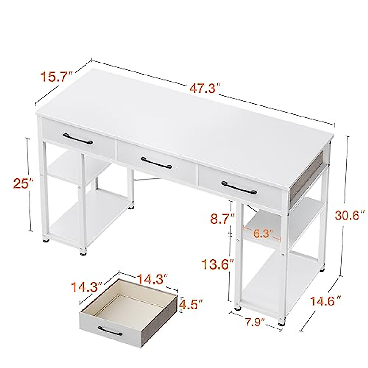 ODK Office Small Computer Desk: Home Table with Fabric Drawers & Storage Shelves, Modern Writing Desk, White, 48"x16"